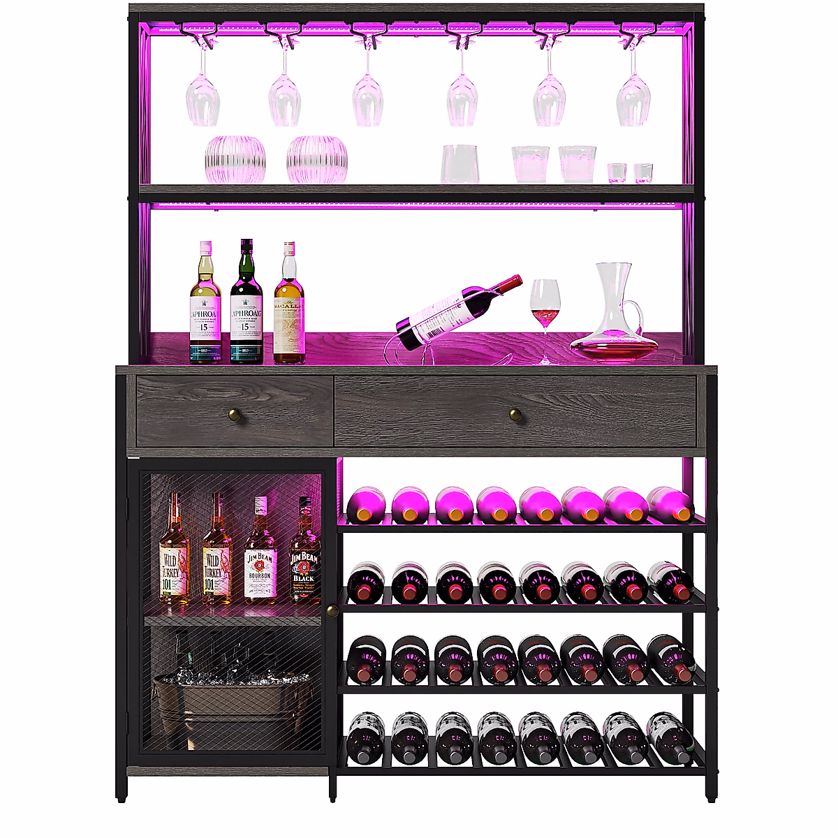 DWVO 47" Large Wine Rack Cabinet for Liquor & Glasses, Coffee Bar with LED Lights Door Shelves & Drawers, Modern Standing Bakers Rack Microwave Stand Kitchen Storage Shelf, Grey & Black
