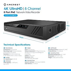 Amcrest NV4108E-A2 4K 8CH POE NVR (1080p/3MP/4MP/5MP/8MP) POE Network Video Recorder - Supports up to 8 x 8MP/4K IP Cameras, 8-Channel Power Over Ethernet Supports up to 10TB HDD (Not Included)