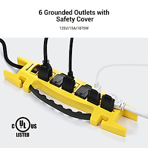 DEWENWILS 6-Outlet Heavy Duty Power Strip with 15FT Cord, Garage Power Strip with 15A Circuit Breaker, Industrial Power Strip, Wall Mountable & Cord Management, Safety Cover, UL Listed
