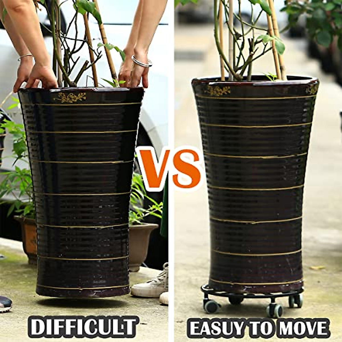 5 Pack Plant Caddy with Wheels Heavy Duty 16 Inch Large Metal Plant Stand with Wheels Plant Dolly Rolling Plant Stand Plant Roller with Casters for Indoor and Outdoor with 5 Pack Plant Saucers, Black