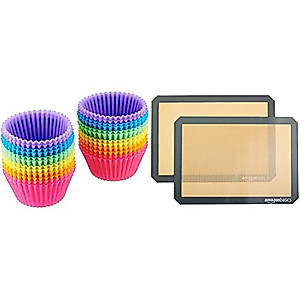 amazon basics Silicone, Non-Stick, Food Safe Baking Mat - Pack of 2 & Reusable, Silicone, Non-Stick Baking Cups Liners - Pack of 24