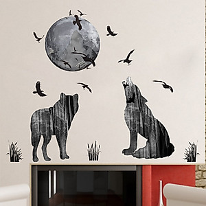 Wland 33 inches x 28 inches Moon Wolves Mountain Forests Silhouette Animals Wall Stickers Decals Decorations for Children Nursery Kids Room