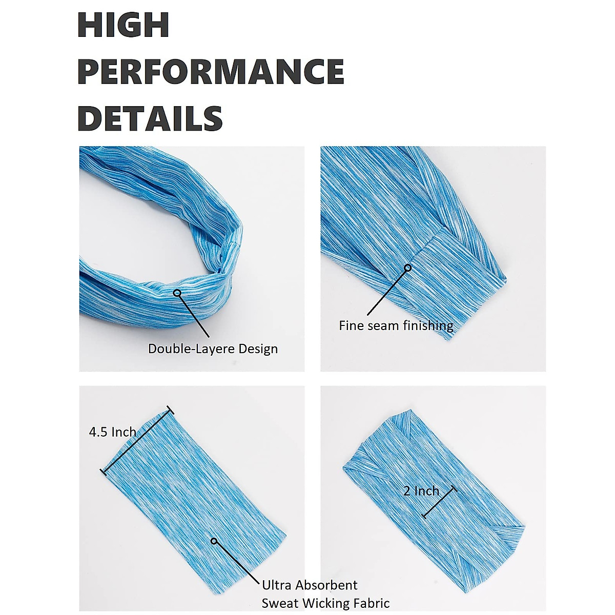 TERSE Moisture Wicking Headbands for Women - Non Slip Sweatbands for Workout, Sports, Yoga, Running, Athletic Hair Bands