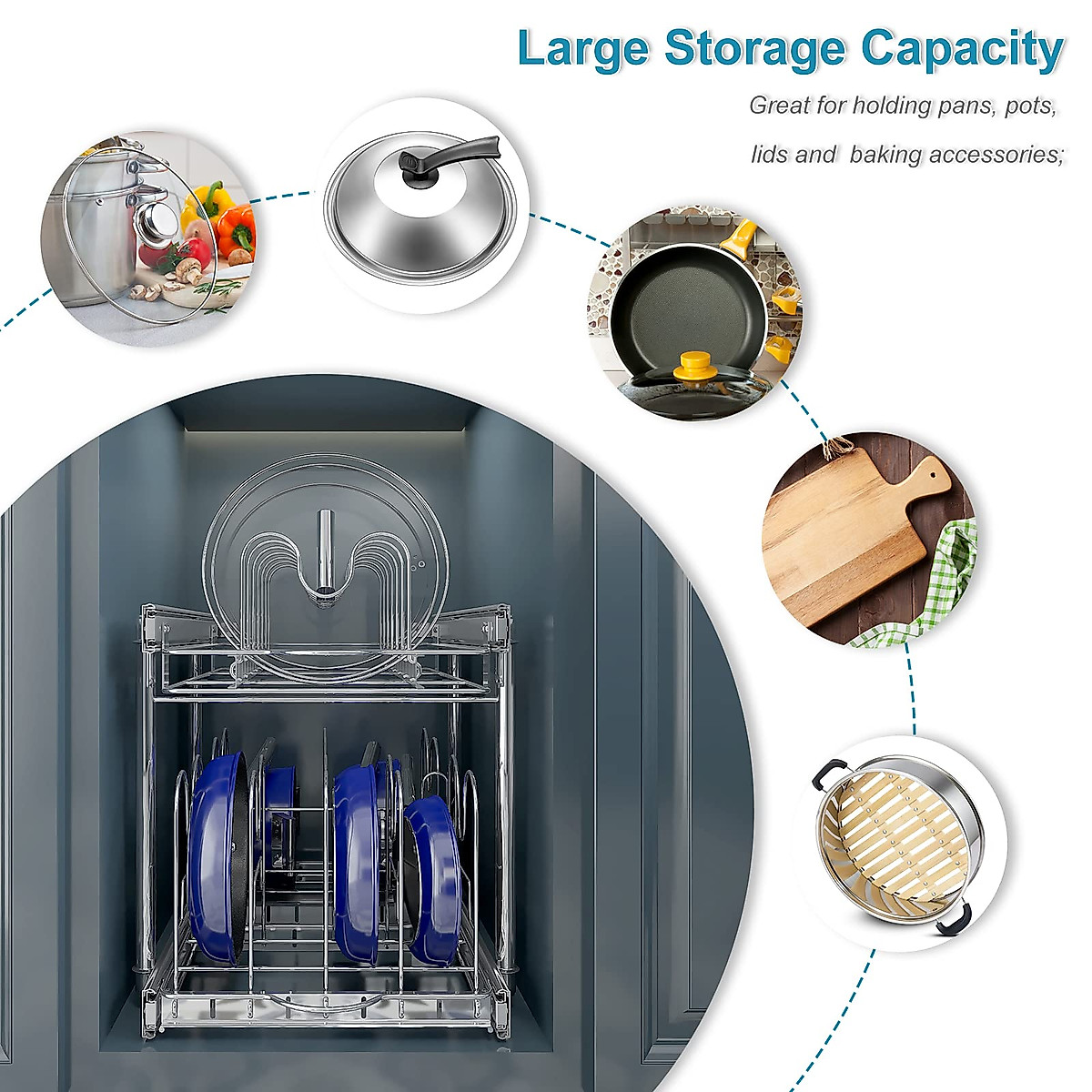 TQVAI Pot and Pan Organizer for Cabinet, Pot Lid Organizer Rack, Pull Out Sliding Cabinet Organizer - Separate Full-Extension Guide Rail - Cabinet Request at Least 15" W x 22.5" D x 22.5" H