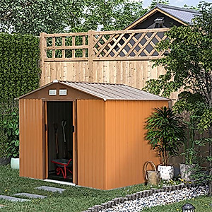 Outsunny 9' x 6' Metal Storage Shed Garden Tool House with Double Sliding Doors, 4 Air Vents for Backyard, Patio, Lawn Brown