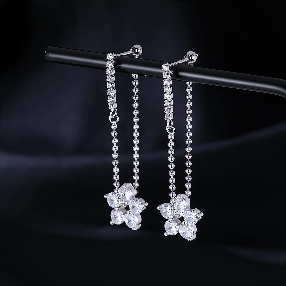 SLUYNZ 925 Sterling Silver CZ Flower Dangle Earrings Chain for Women Crystal Flower Drop Earrings Tassel Chain (A-Silver)