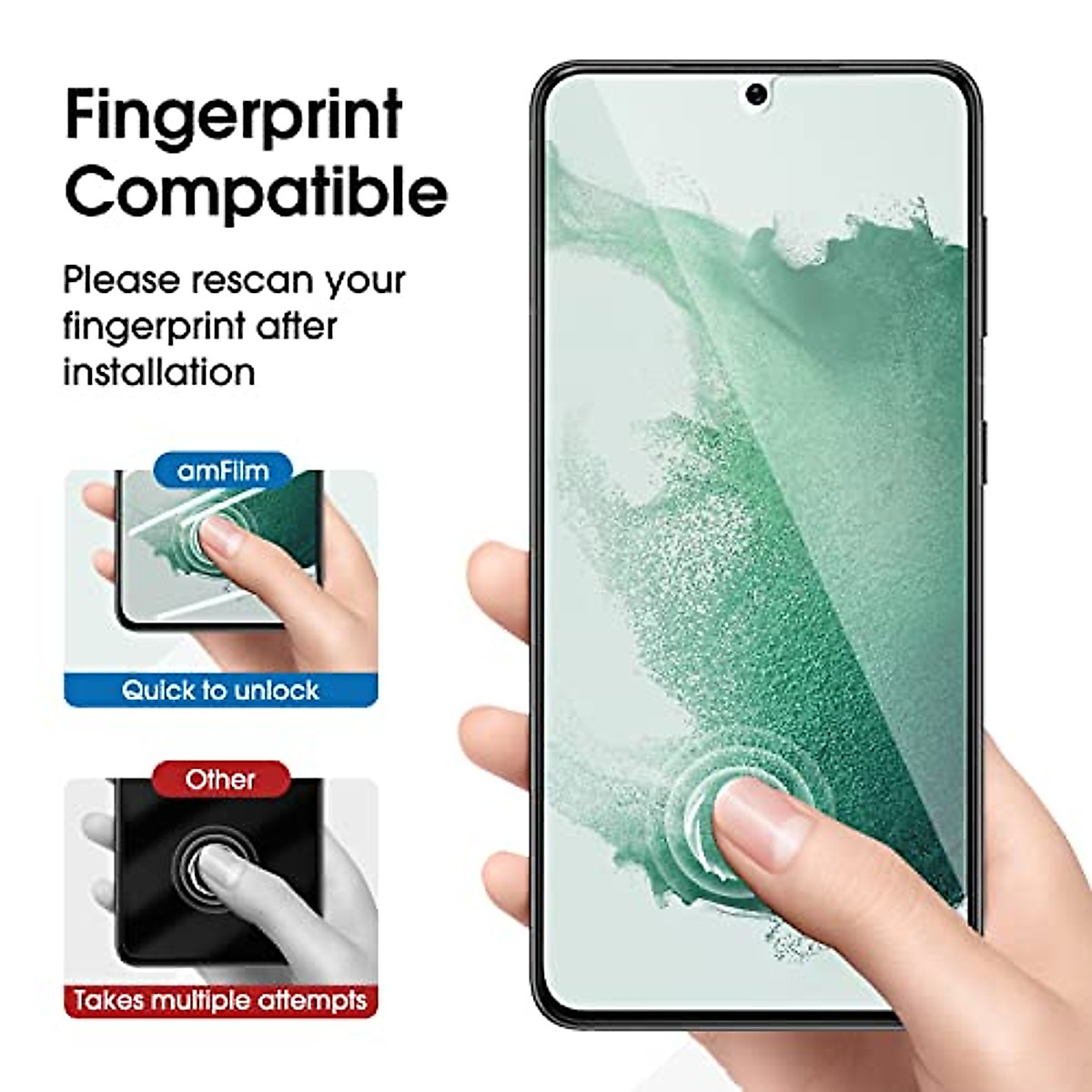 amFilm Screen Protector for Samsung Galaxy S22 5G 6.1 Inch [100% Fingerprint ID Compatible] with Tempered Glass Camera Lens Protector and Easy Installation Tray, HD Clear, Hybrid Film, 2+2 Pack