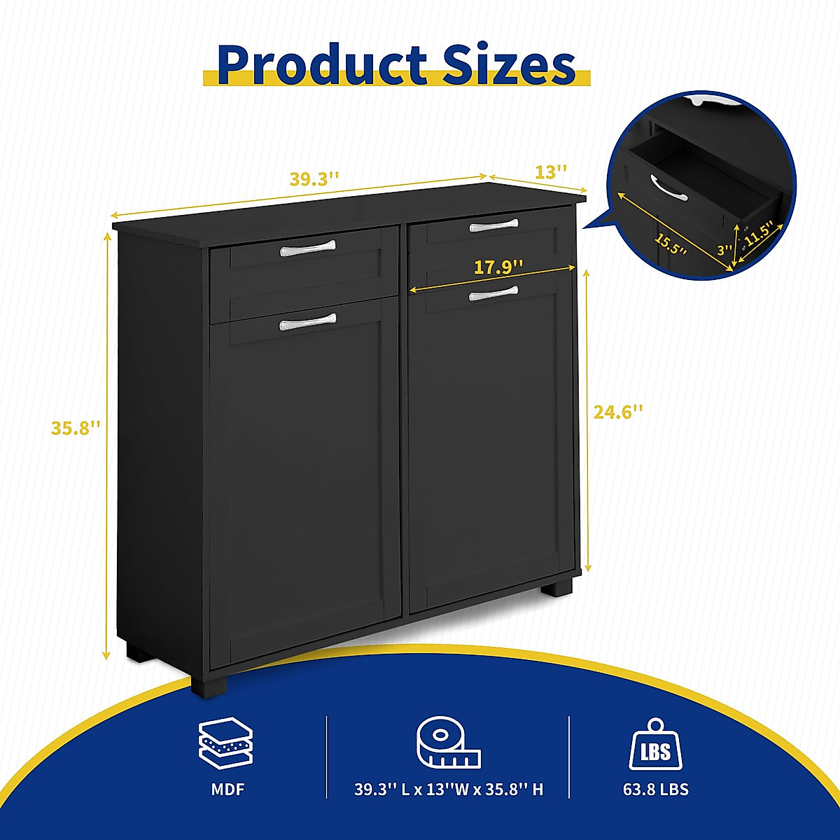 Tilt Out Trash Cabinet 10 Gallon, Trash Can Cabinet with 2 Drawers, Double Freestanding Trash Cabinet, Recycling Cabinet for Laundry, Kitchen, Living Room, Bathroom, Bedroom (Black)