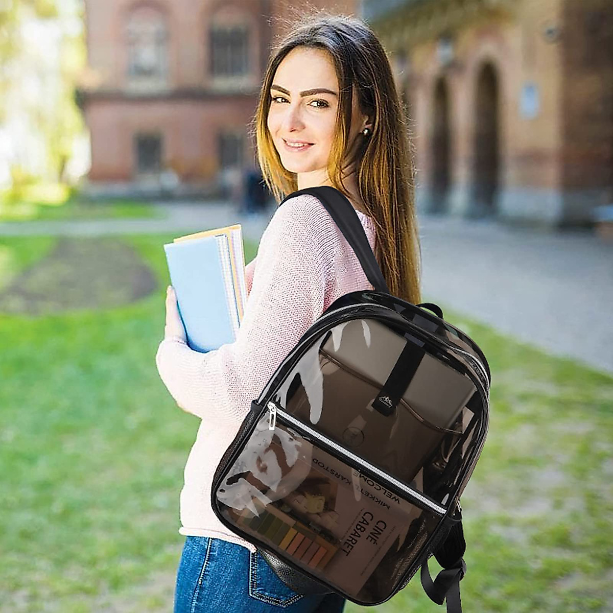 Woddtery Clear Backpack, Heavy Duty PVC Transparent Backpack, See Through Backpacks for School, Work,Stadium,Travel,Security,Festival,College Black…