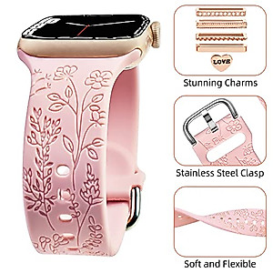 OULRAEFS Apple Watch Band with Charms (iWatch Bands Included) Compatible with Apple Watch Bands 38mm 40mm 41mm Series 8 7 SE 6 5 4 3 2 1 Floral Engraved Silicone Bands with Decorative Ring Loops Accessories, Pink