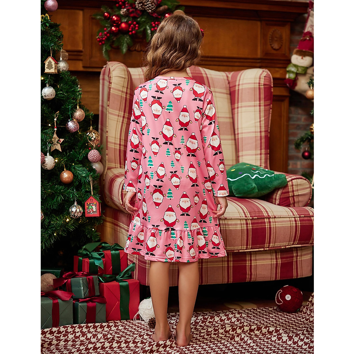 Arshiner Girls' Sleepwear Long Sleeve Cute Nightgown Nightie Pajama Dress Pink Christmas 9-10Y