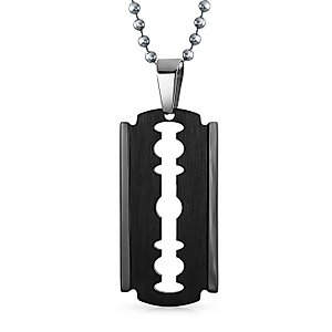 Bling Jewelry Personalize Hip Hop Biker Punk Rock Large Razor Blade Dog Tag Pendant Necklace for Men Black Stainless Steel 20 Inch Ball Chain Customizable