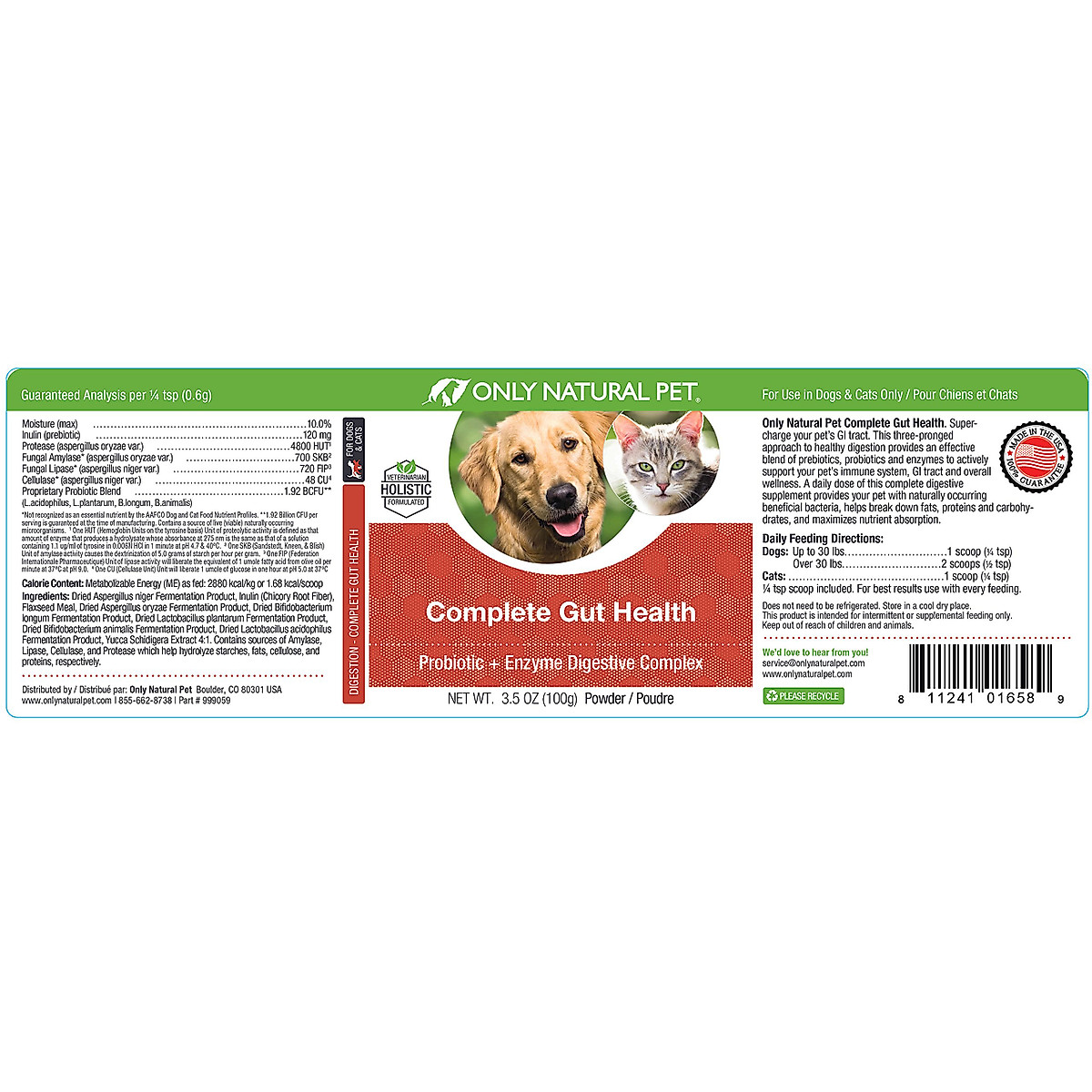 Only Natural Pet Complete Gut Health Complex - Probiotics & Digestive Enzyme Supplement for Dogs & Cats - Promotes Healthy Digestion, Immune System, Nutrient Absorption - Made in USA -3.5oz Powder