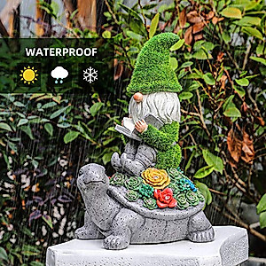 Garden Statue Gnome Cute - Large Outdoor Gnome Statue Sculptures with Solar Lights, Resin Gnome Figurine Sitting on Turtle with Umbrella for Home Patio Yard Lawn Porch Decorations