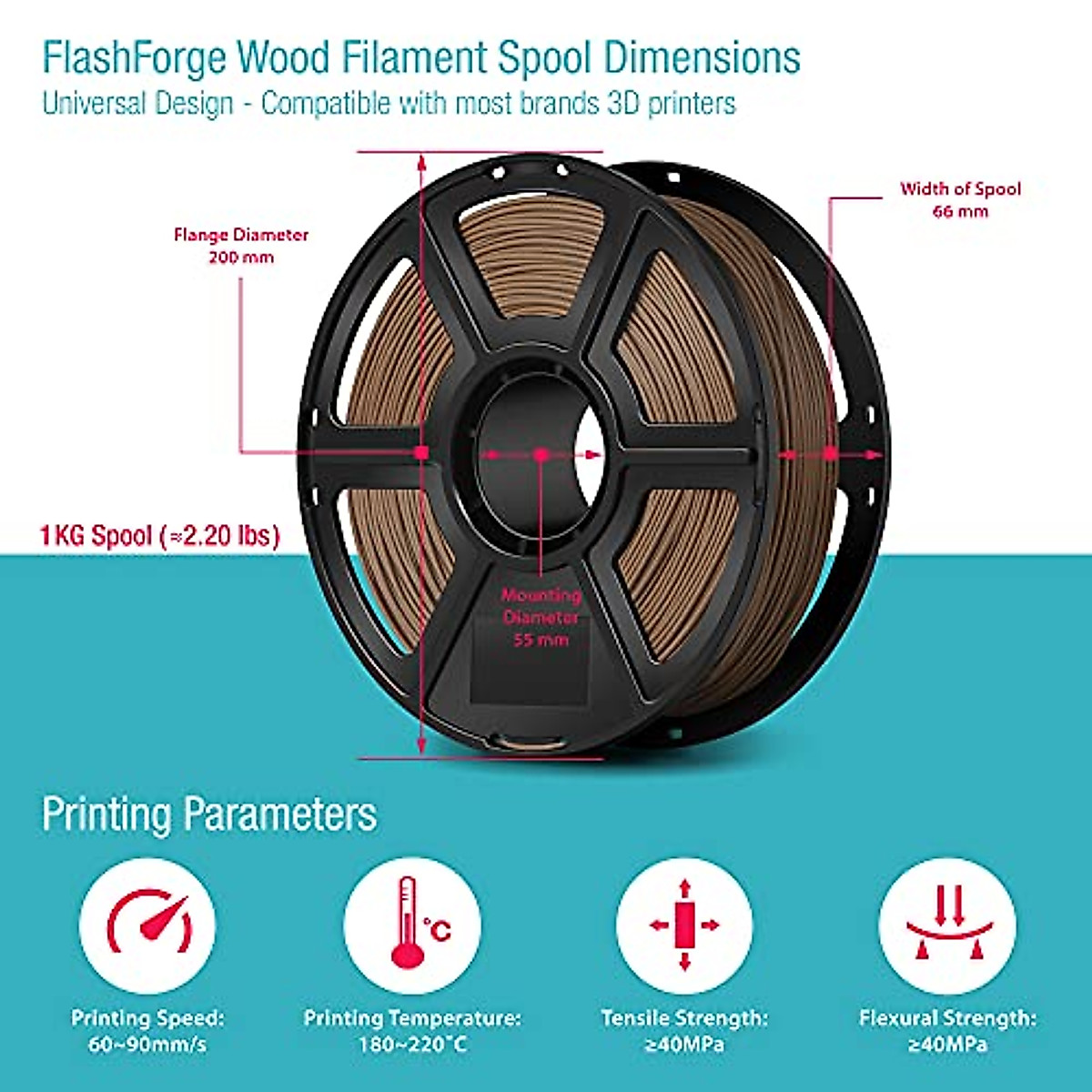 FLASHFORGE Wood 3D Printer Filament, 1.75mm (Dark Wood), 1kg Spool (2.2lbs), Guaranteed Fresh, Dimensional Accuracy +/- 0.02mm, Tangle-Free, Fits Most FDM Printers [Risk-Free]