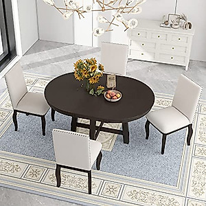 OYN 5-Piece Kitchen Room Furniture, Wooden Farmhouse Round Dining Table Sets with 4 Nailhead Decor Upholstered Chairs and Extendable Tabletop for 4 Persons Family Meal, Espresso