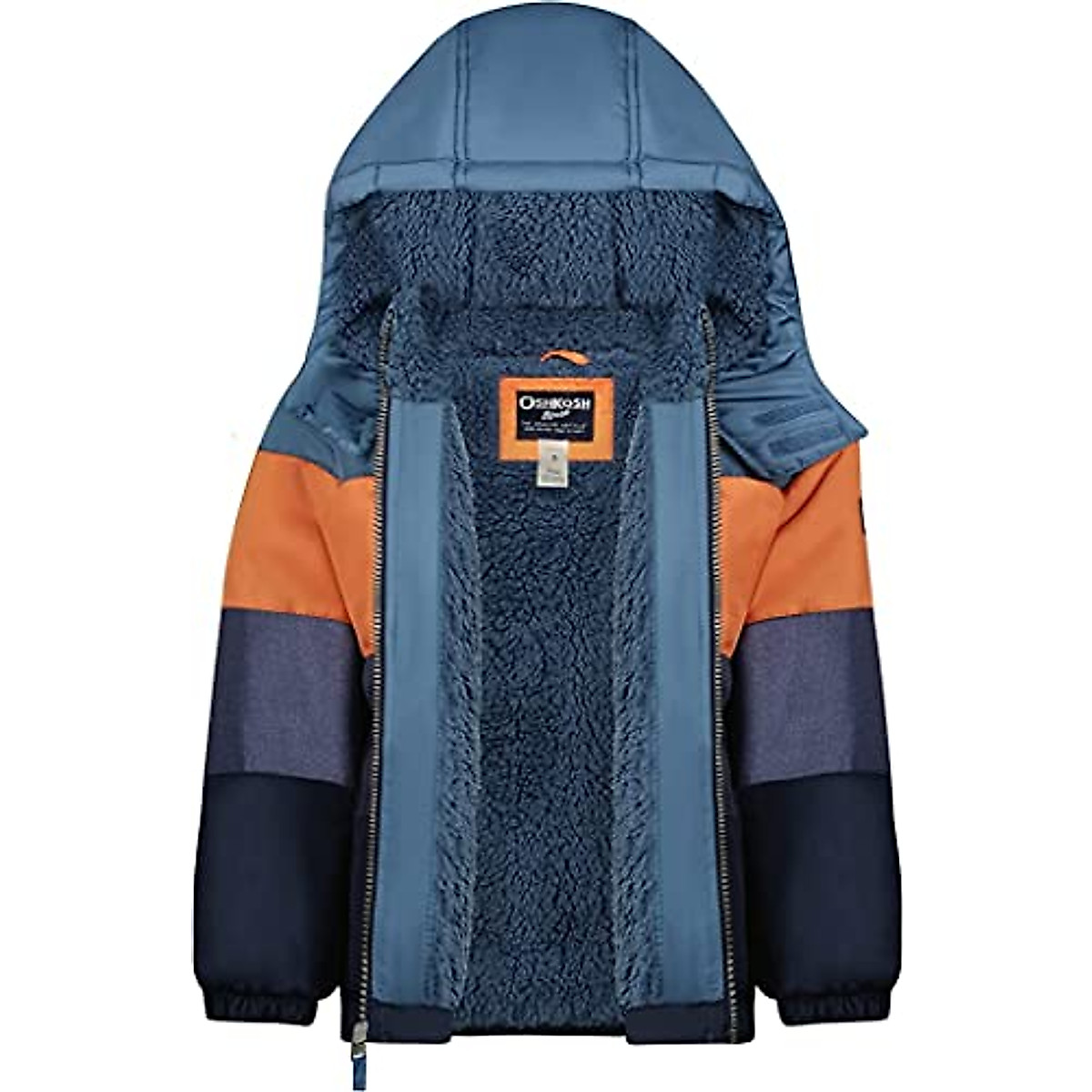 OSHKOSH B'GOSH Boys' Toddler Heavyweight Winter Jacket with Sherpa Lining, Blue/Orange, 3T
