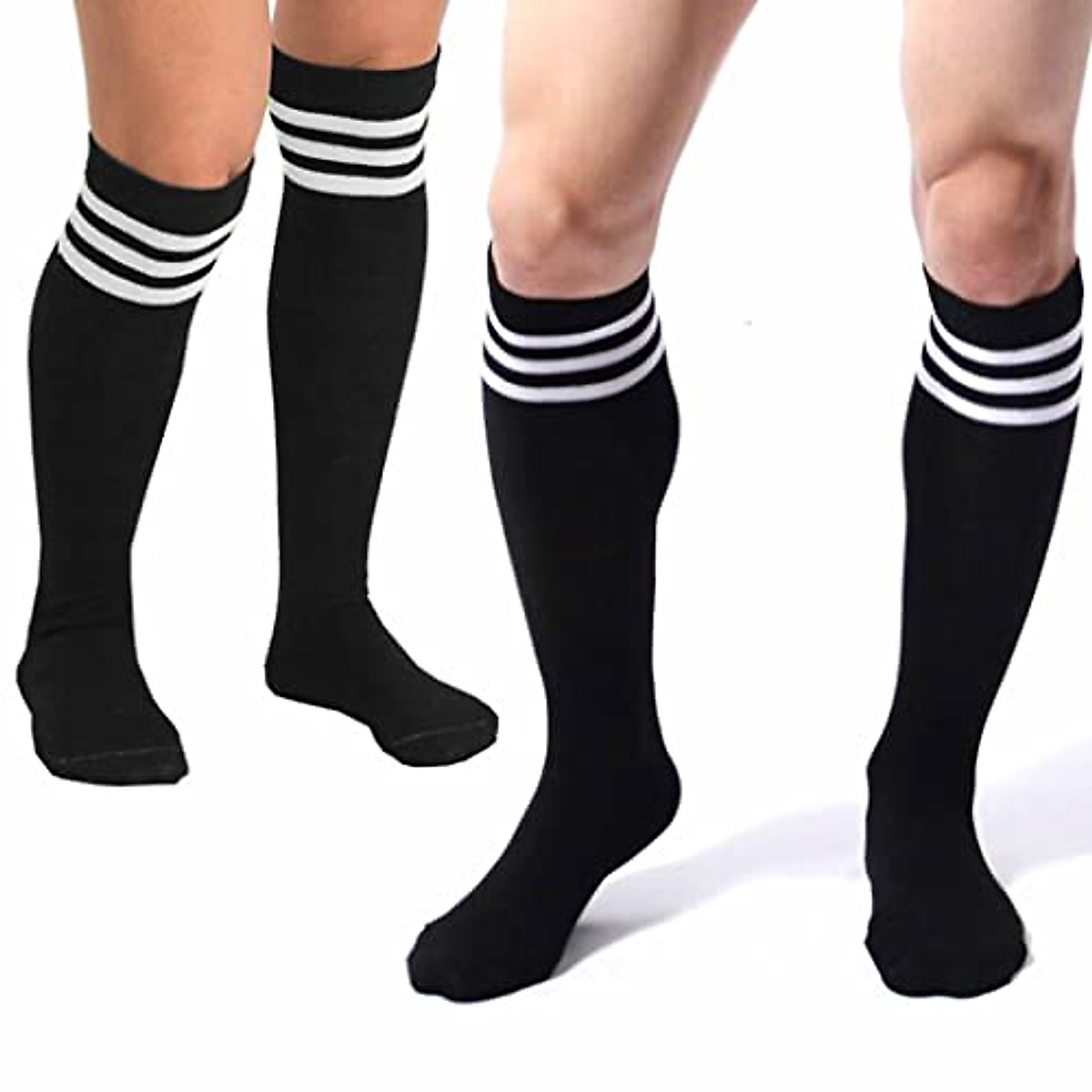 4 Pair Black Knee High Tube Socks 3 White Stripes Classic 24" Soccer Sport 10-15