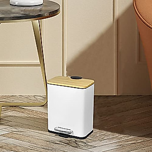 SIDIANBAN Small Trash Can with Bamboo Lid Soft Close and Foot Pedal, 1.3Gal/5L Rectangular Garbage Can with Inner Wastebasket for Bathroom,Bedroom, Office, Kitchen, Black