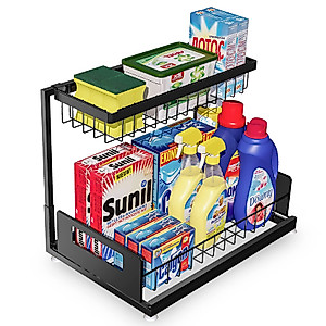 Under Sink Organizer, 2 Tire Sliding Countertop Organizer, Under Sink Storage Drawer Shelf for Kitchen Bathroom Sink Organizers and Storage
