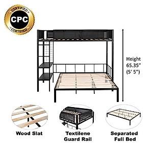 AnwickNomo Modern Metal Twin Over Full Bunk Beds,L-Shaped Bunk Bed Frame w/Full-Length Guardrails&Ladder, Loft Bed w/Book Shelves & Grid Panel for Boys Girls Teens, Noise-Free, (Black I)