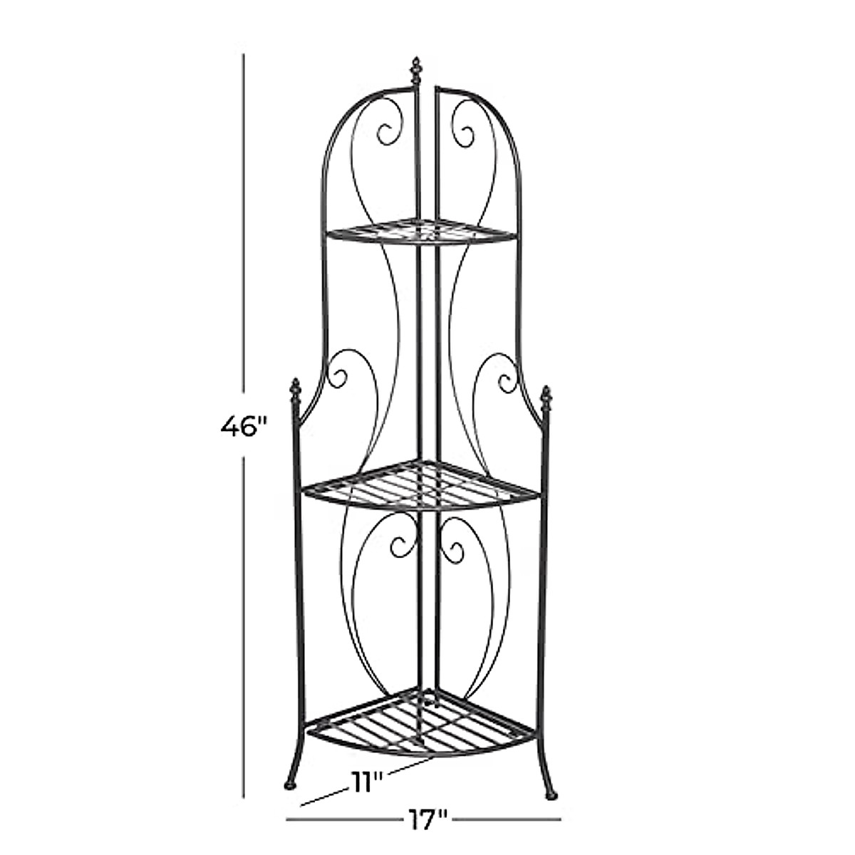 Deco 79 Metal Scroll Indoor Outdoor Tall Folding 3 Shelf Bakers Rack, 17" x 11" x 46", Black