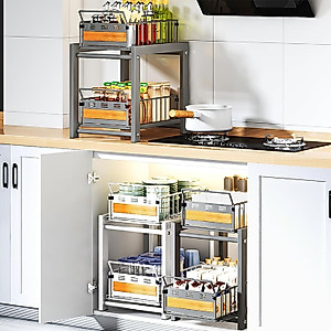 Fangtueh Under Sink Organizer, 2-Tier Pull Out Under Sink Organizers and Storage, Stainless Steel Under The Sink Organizer Bathroom Kitchen Sink Cabinet Organizer Undersink Organization, 1Pack Black