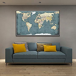 Welmeco Large Office Wall Decoration Retro Detailed World Map Canvas Prints with Premium Black Frame Vintage Push Pins Travel Map of The World Picture Artwork for Modern Home Office Living Room Decor