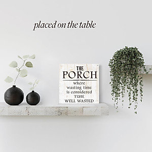 Rustic Porch Theme Decor Wooden Sign, Farmhouse the Porch Where Wasting Time Wood Hanging Wall Decorations for Home 7.1 x 7.1 Inches - Rustic Summer Artwork Sign