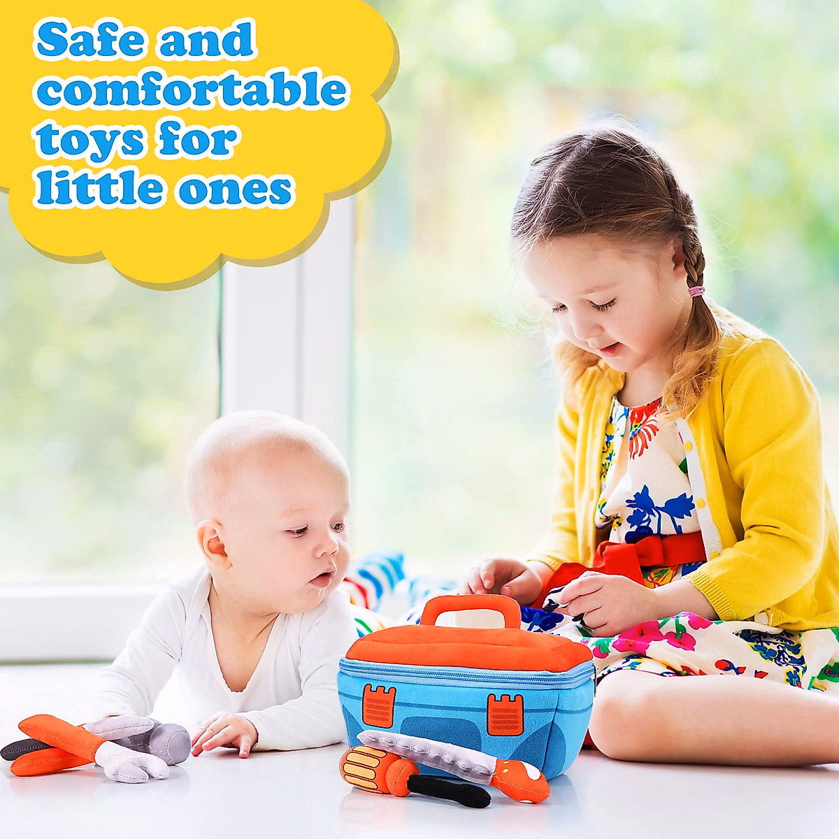 7 Pcs My 1st Toolbox Playset Stuffed Construction Tools Plush Toy Including Drill, Screwdriver, Handsaw, Hammer, Wrench, Plier and Zippered Tool Box for Toddlers Kids Birthday Party Favor