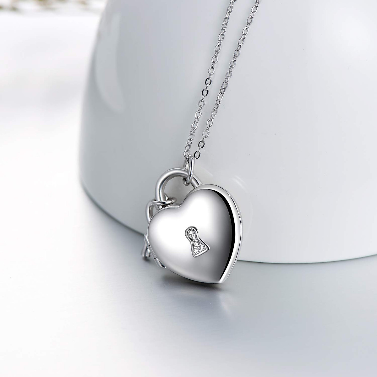 Personalized Sterling Silver Heart Locket Necklace That Holds Pictures Lock And Key Pendant for Women Mom (Lock & Key Necklace + Photos)