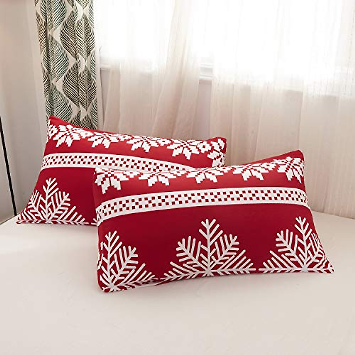 LAMEJOR Christmas Duvet Cover Set King Size Snowflake Pattern Holiday Bedding Set Comforter Cover(1 Duvet Cover+2 Pillowcases) Red