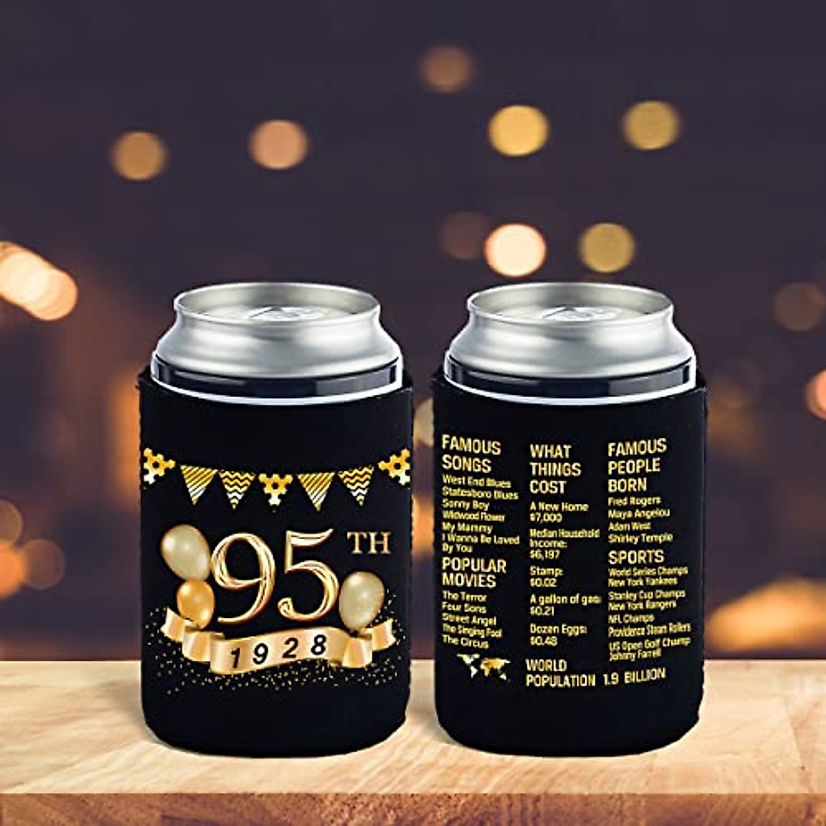 95th Birthday Can Cooler Sleeves Pack of 12-95th Anniversary Decorations- 1928 Sign - 95th Birthday Party Supplies - Black and Gold 95th Birthday Cup Coolers