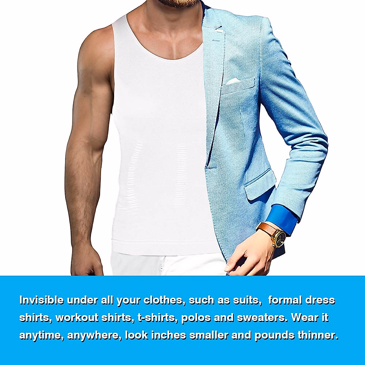 KOCLES Men's Compression Tank Top Slimming Body Shaper Vest Shirts Abs Abdomen Slim Undershirts GYM Weight Loss Workout Clothing (White, Large)