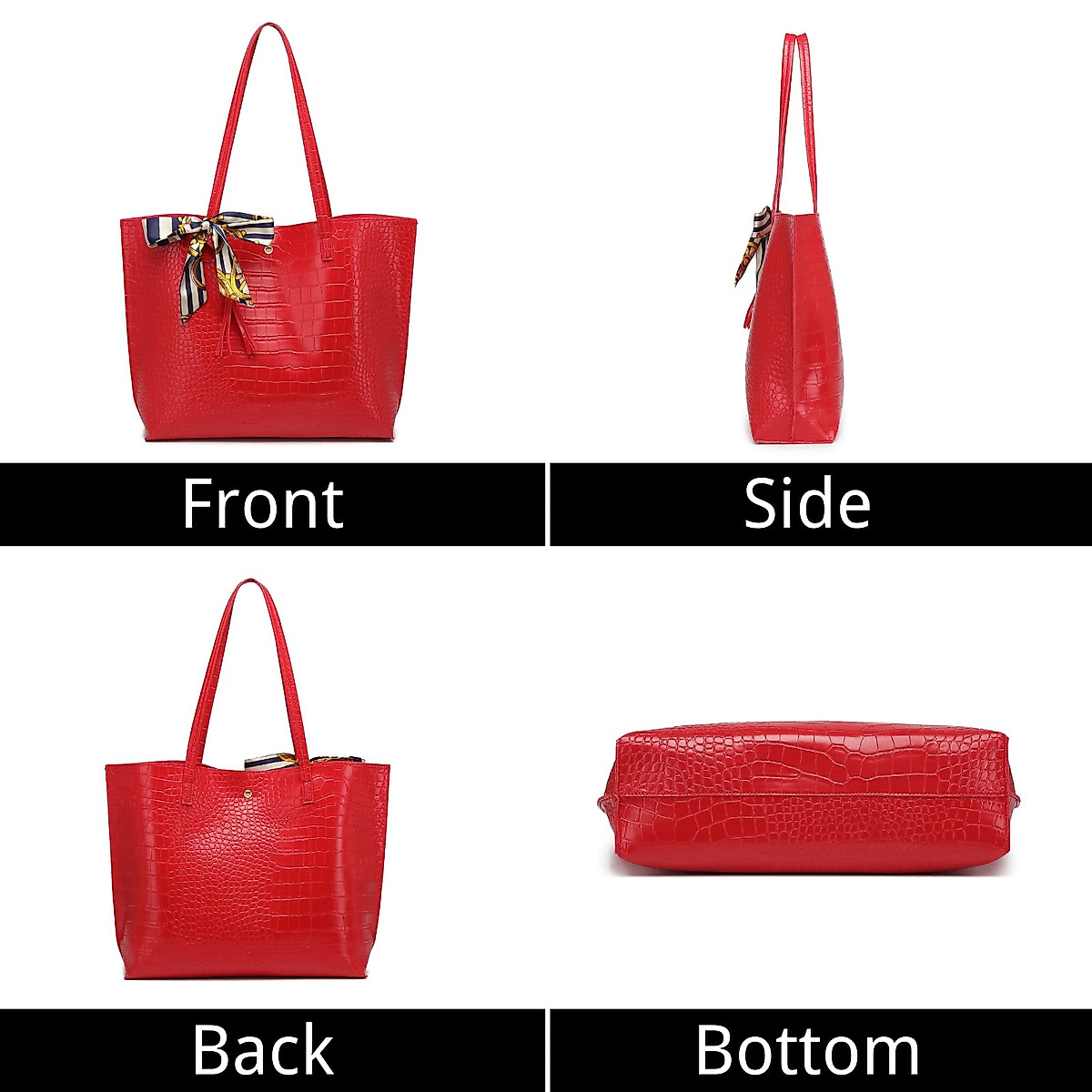 Women's Tote Shoulder Bag PU Leather Big Capacity Tassel Handbag (Large, L-Crocodile pattern Red)