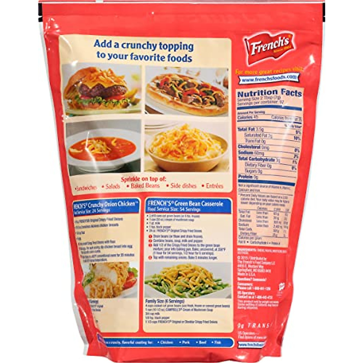 French's Original Crispy Fried Onions, 24 oz - One 24 Ounce Bag of Crunchy Fried Onions to Sprinkle on Salads, Potatoes, Chicken, Burgers and Green Bean Casseroles