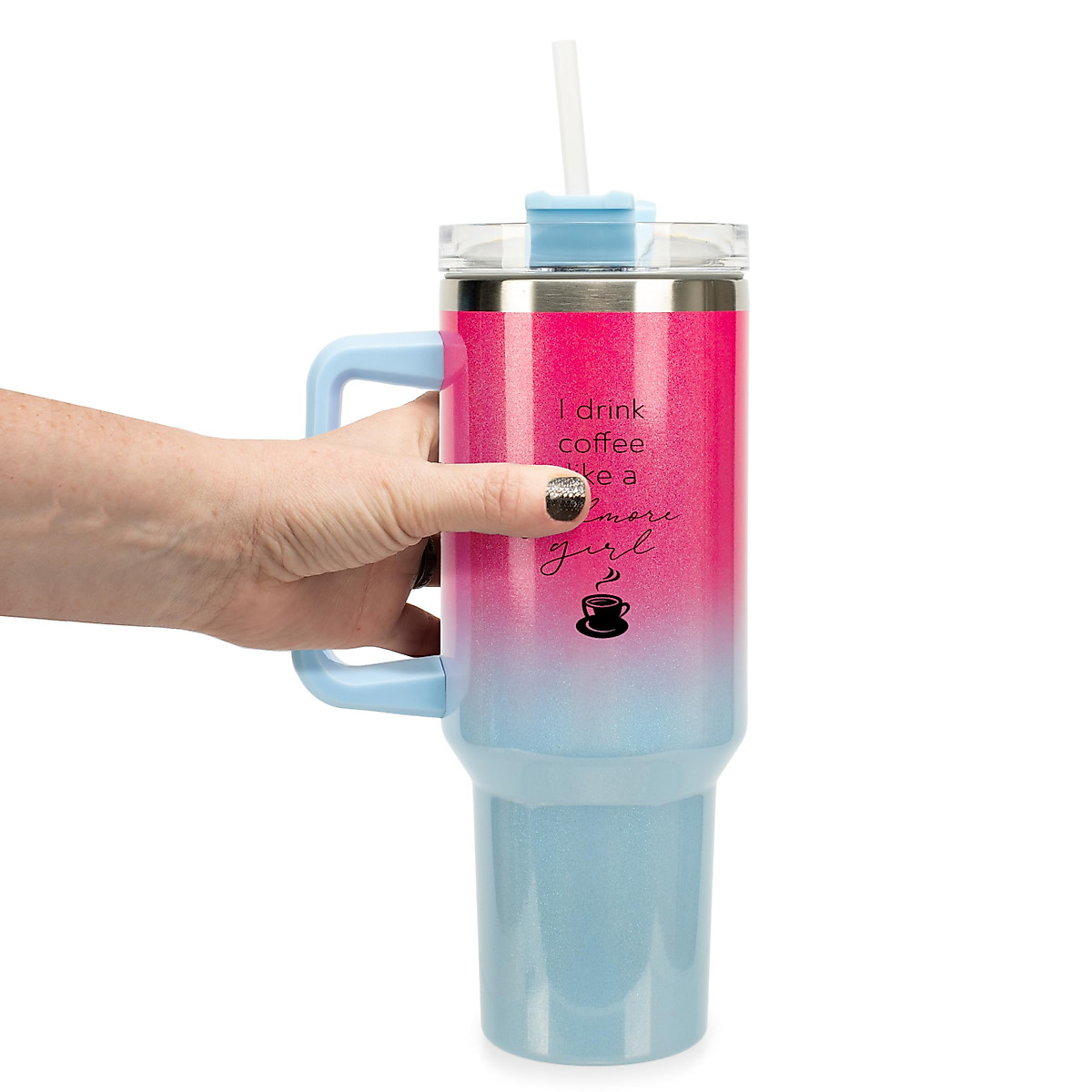 Elanze Designs I Drink Coffee Like A Gilmore Girl 40 oz. Stainless Steel, Large Water Bottle Coffee Mug, Spill & Leak Resistant, Thermal Travel Tumbler with Handle, Lid & Straw, Hot Pink/Sky Blue