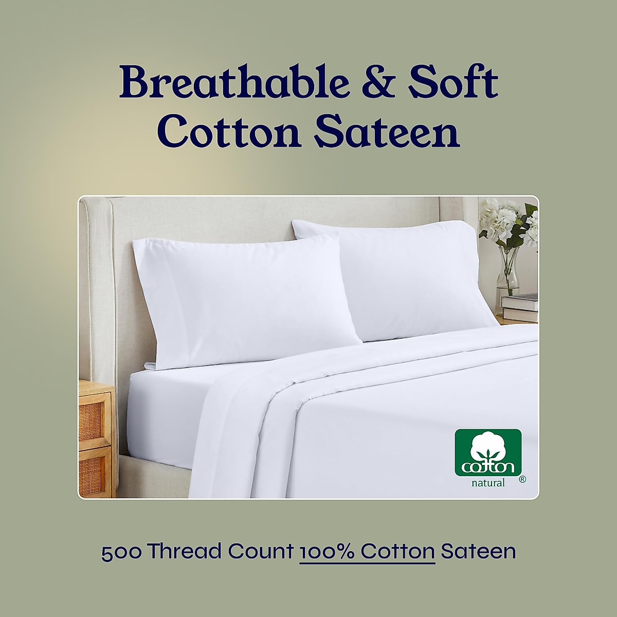 California Design Den 100% Cotton Sheets King Size Set - Cooling 500 Thread Count Sateen, Deep Pockets with All Around Elastic for a, Durable Bedding Set - White Sheets