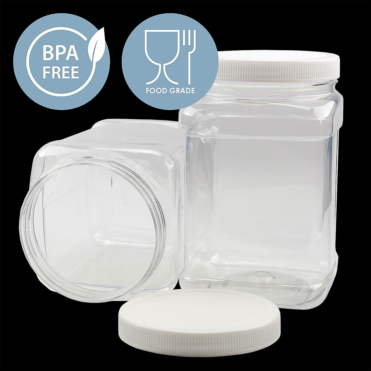 Cornucopia Brands 3-Pack Square 64 Oz 1/2 Gallon Plastic Canisters; 8-Cup Capacity Clear Jars w/ White Plastic Lids & Chalk Labels, BPA-Free Lightweight PET #1 Plastic