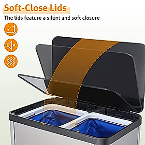 WICHEMI 30L Dual Trash Can, 2 x 4 Gal (2 x 15L) Stainless Steel Kitchen Garbage Can, Step-on Classified Recycle Garbage Bin with Soft-Close Lid & Removable Inner Buckets, Fingerprint-Proof, Airtight