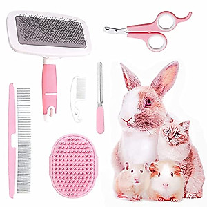 Crafterlife Small Animal Pet Grooming Kit with Pet Shedding Slicker Brush, Bath Massage Glove, Pet Grooming Comb, Nail Clipper Trimmer for Rabbit, Puppy, Kitten, Guinea Pig, Hamster, Ferret (Pink)