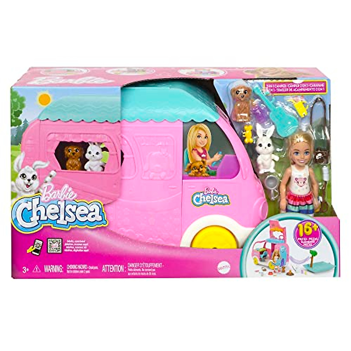 Barbie Toy Camper & Chelsea Doll, 2-in-1 Playset with 2 Pets & 15 Accessories, Vehicle Transforms into Camp Site (Amazon Exclusive)