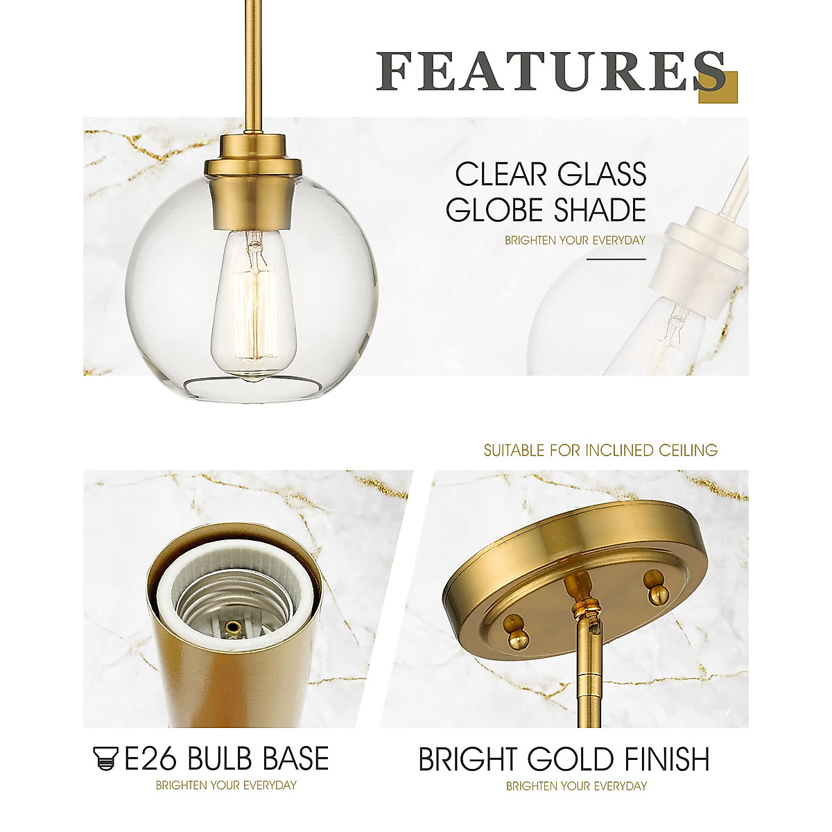 Audickic Pendant Lights Kitchen Island 2 Pack, Gold Pendant Light with Clear Glass Globe Shade, Farmhouse Hanging Light Fixtures for Dining Room, 22280-1P2-GD-C-V