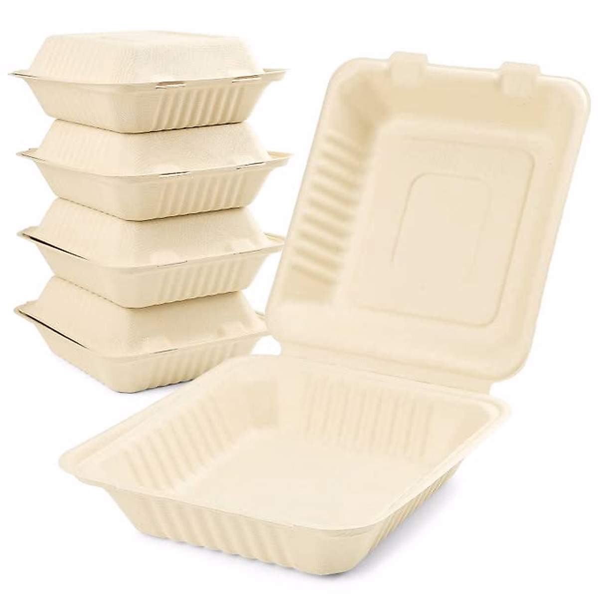 Pony Packaging 8X8 50-Pack 100% Compostable Clamshell Take Out Food Containers, Heavy-Duty Quality to go Containers, Natural Disposable Bagasse, Eco-Friendly Biodegradable Made of Sugar Cane Fibers