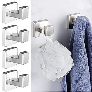 Wheanen Towel Hooks, Shower Hooks for Bathrooms Wall Mounted,Brushed Nickel SUS304 Stainless Steel Square Robe Hooks for Kitchen 4 Pack