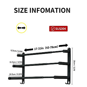 Stretchable 17-31 Inches 3-Tier Bath Towel Bar Bathroom Towel Rack Hooks Kitchen Hand Towel Holder Dish Cloths Hanger SUS304 Stainless Steel Wall Mounted No Drill Space Saving 3-Bar Matte Black