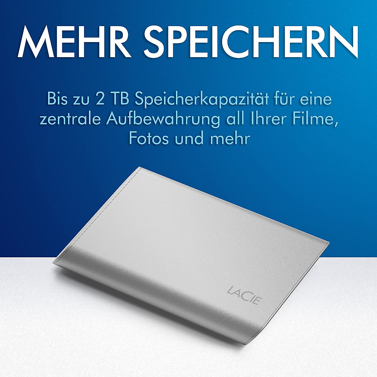 LaCie Portable SSD 2TB External Solid State Drive - USB-C, USB 3.2 Gen 2, speeds up to 1050MB/s, Moon Silver, for Mac PC and iPad, with Rescue Services (STKS2000400)