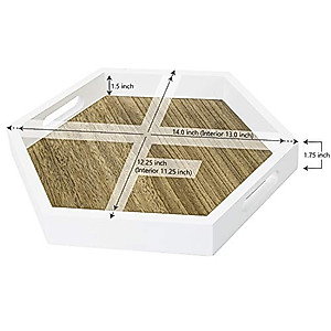 MyGift Hexagonal White Wood Decorative Tray with Handles and Burnt Wood Base, Geometric Serving Tray Ottoman Breakfast Tray