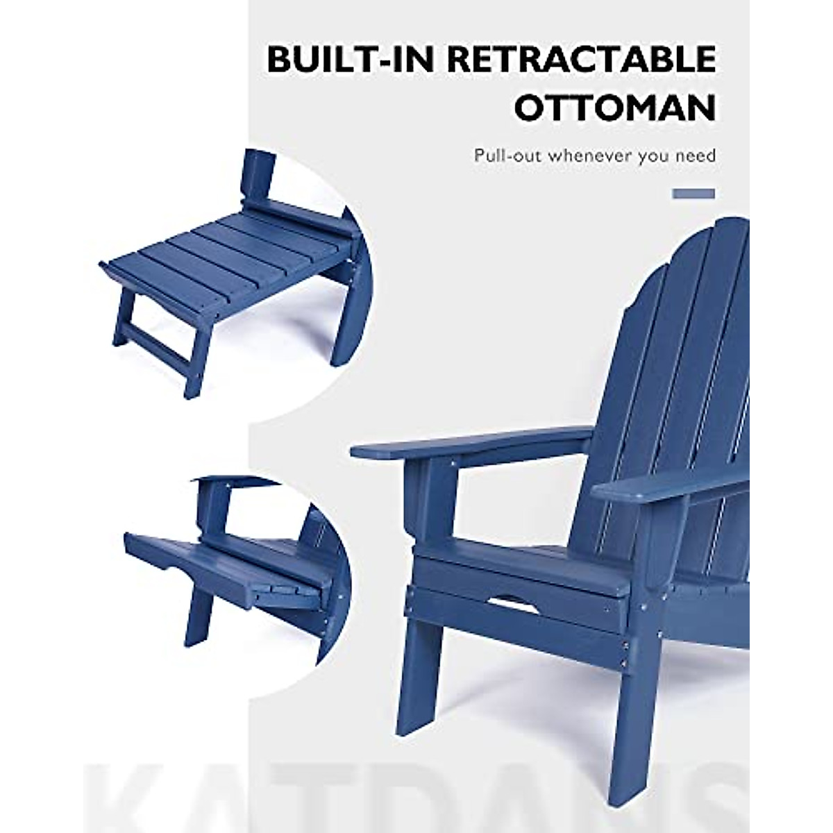 KATDANS Adirondack Chair Weather Resistant-Outdoor Fire Pit Chairs - Adirondack Chair with Retractable Ottoman - Patio Chair for Outside, Garden, Backyard, Campfire - Navy Blue - OD211212BL