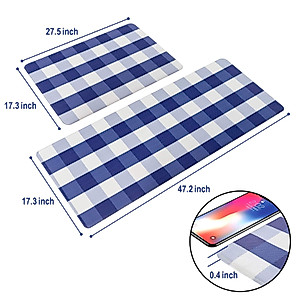 Carvapet Buffalo Plaid Kitchen Mat 2 PCS Cushioned Anti-Fatigue Kitchen Rug Waterproof Non-Slip PVC Ergonomic Comfort Standing Foam Mats for Office Laundry, Blue&White, 17.3''x27.5''+17.3''x47.2''